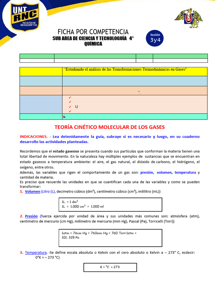 Ficha de Comp #03 y 04 - V Unid - Cinetica Molecular - 4° - Sec - Quimica | PDF | Gases ...