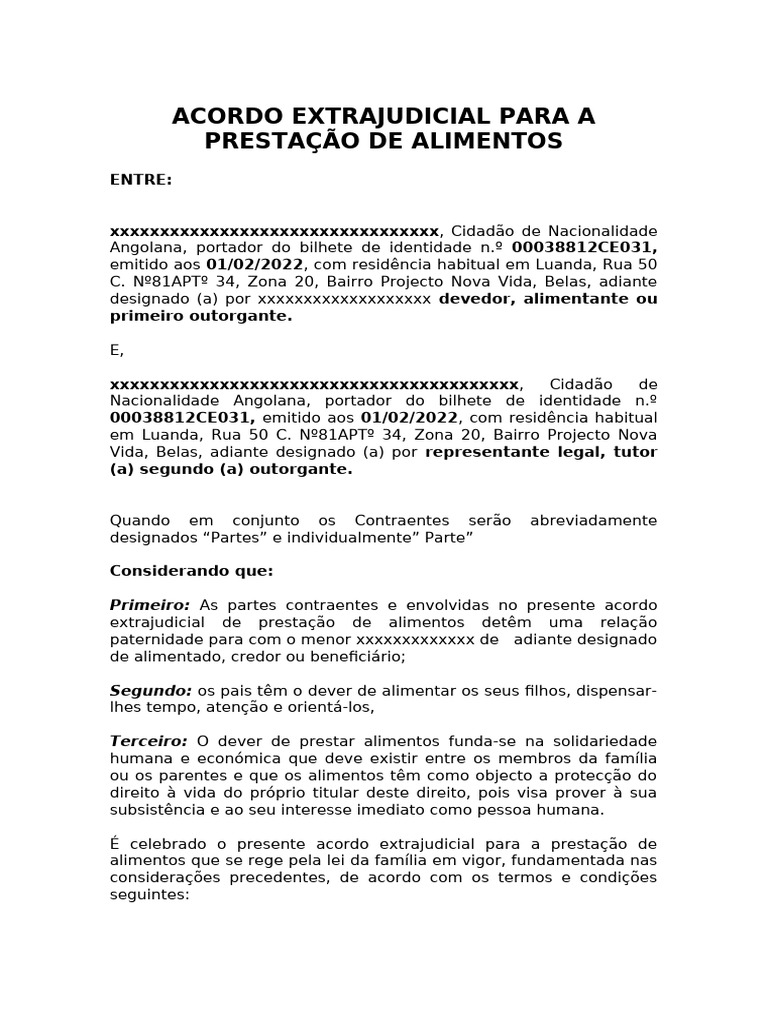 ACORDO EXTRAJUDICIAL PARA A PRESTAÇÃO DE ALIMENTOS | PDF | Pensão ...