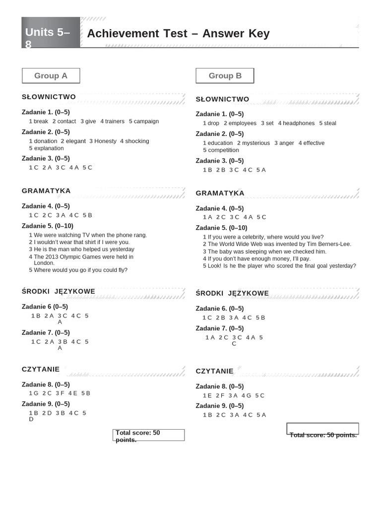 Achievement Test Units 5-8 - Answer Key | PDF