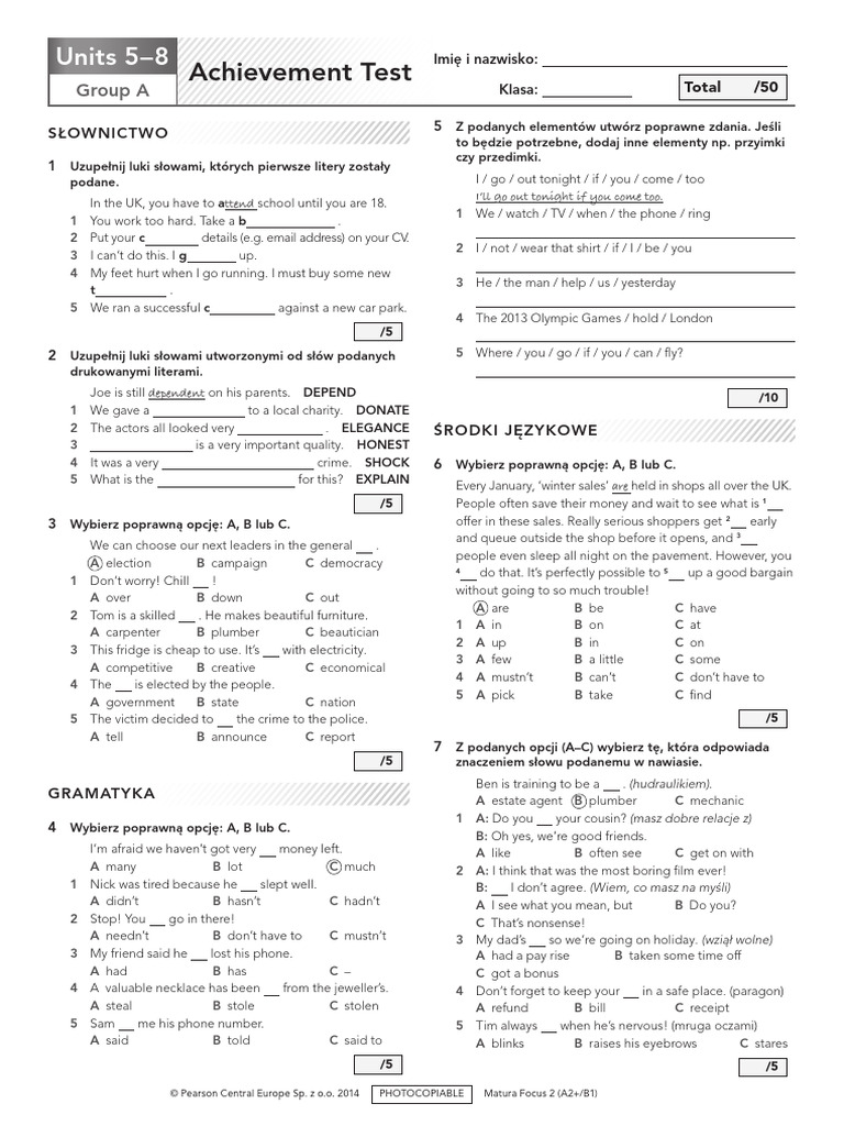 Achievement Test Units 5-8 Group A | PDF
