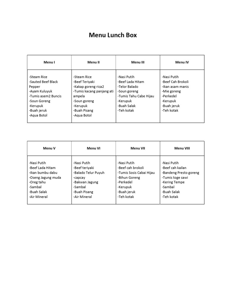 Menu Lunch Box | PDF