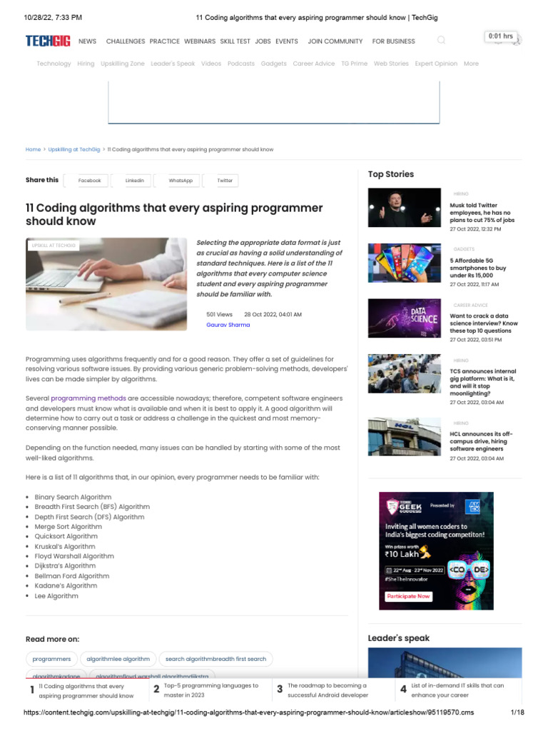 11 Coding Algorithms That Every Aspiring Programmer Should Know Techgig Pdf Computer