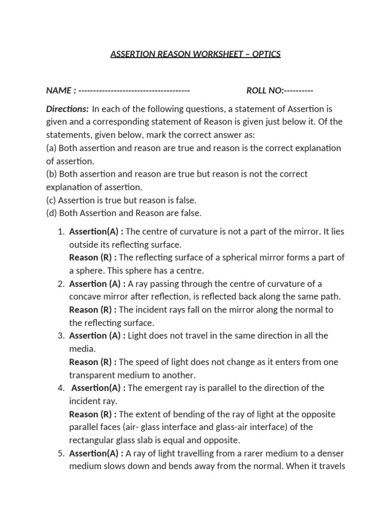 Assertion Reason Worksheet-1 | PDF | Mirror | Optics
