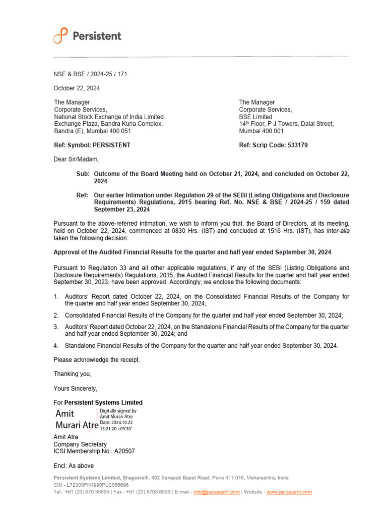 Amit Murari Atre: Persistent Systems Limited | PDF | Audit | Going Concern