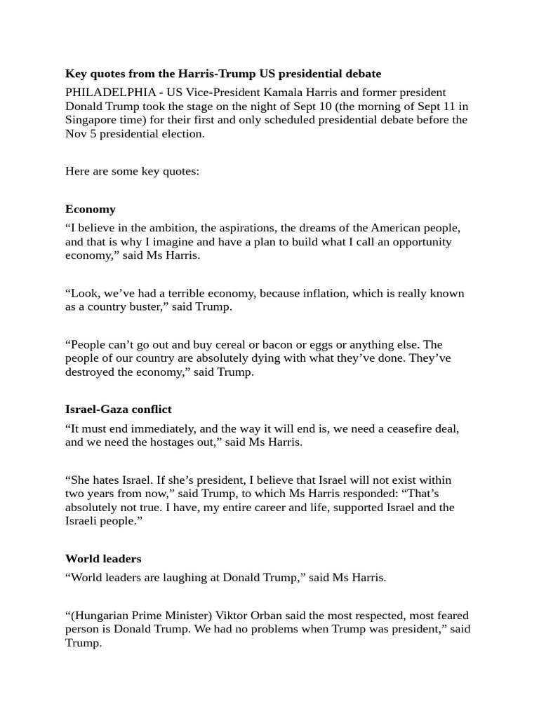 Key Quotes from Harris-Trump Debate | PDF | Donald Trump | American ...