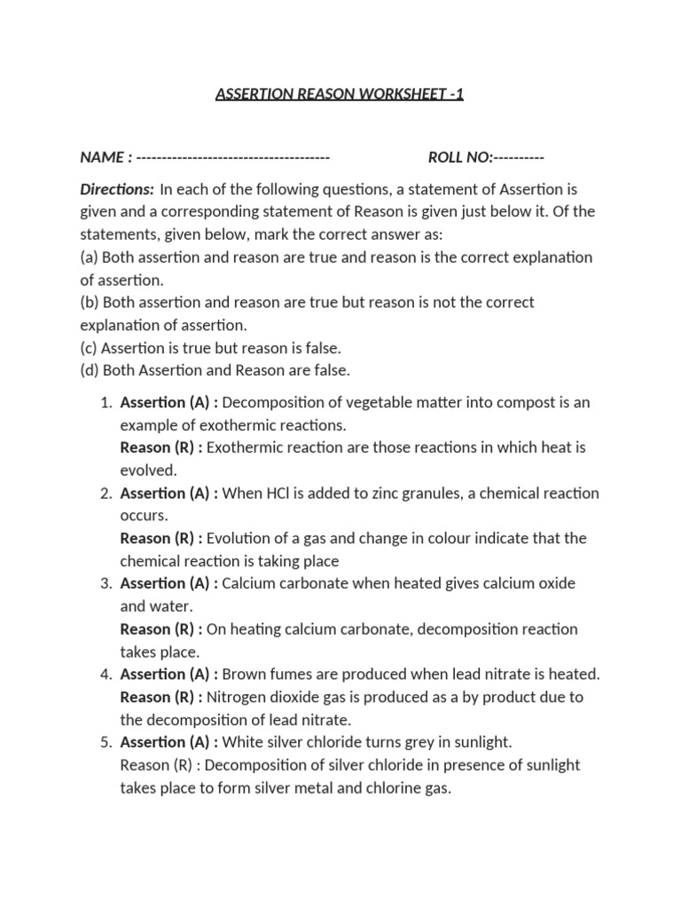Assertion Reason Worksheet - Chemn | PDF | Acid | Chemical Reactions