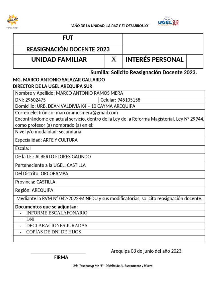 FORMULARIO UNICO DE TRÁMITE Ugel Sur | PDF