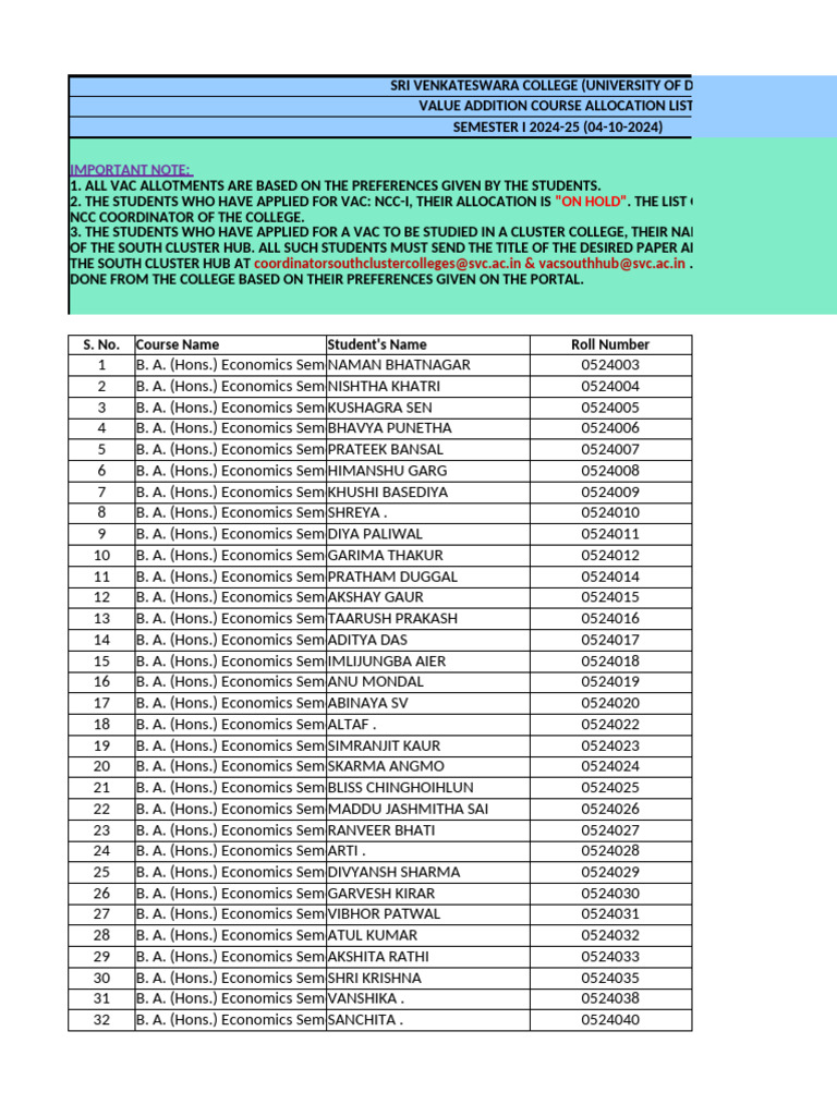 Updated VAC Allocation Sem I - 2024-2025 Students - 21st October 2024 | PDF | Educational Stages ...