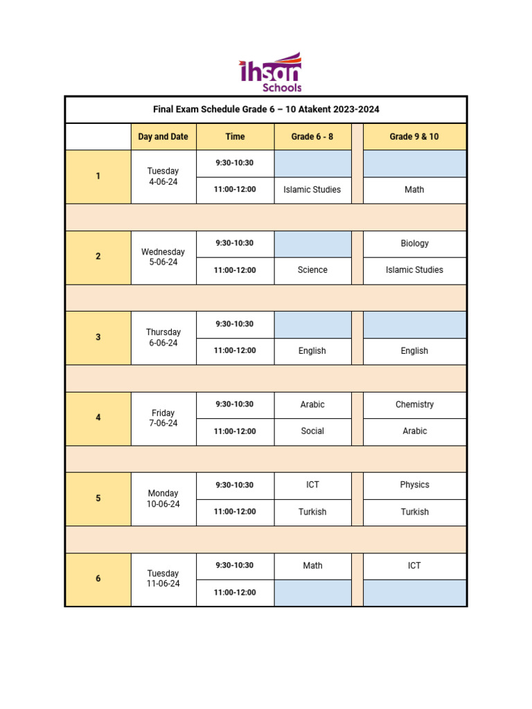 Final Exam Schedule 2023-2024 - Atakent Grade 6-`10 | PDF