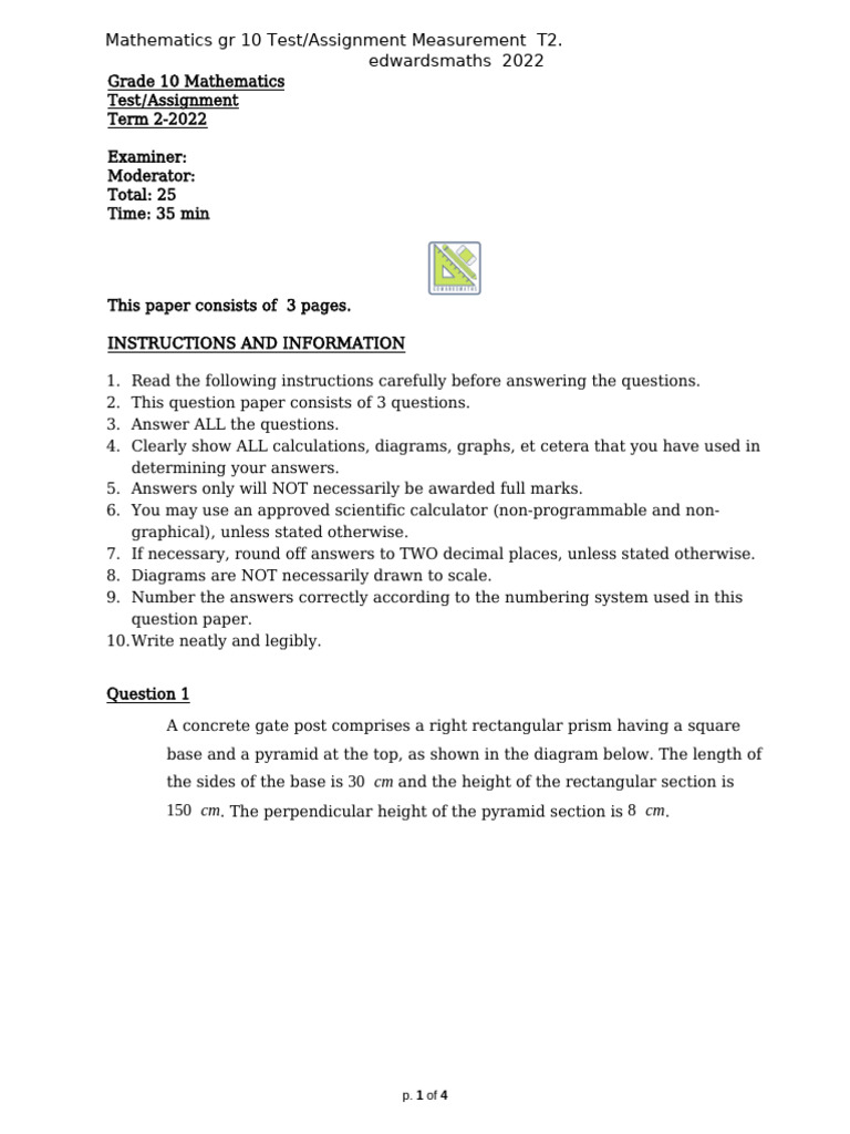 Grade 10 Measurement Test T2 2022 | PDF | Area | Sphere