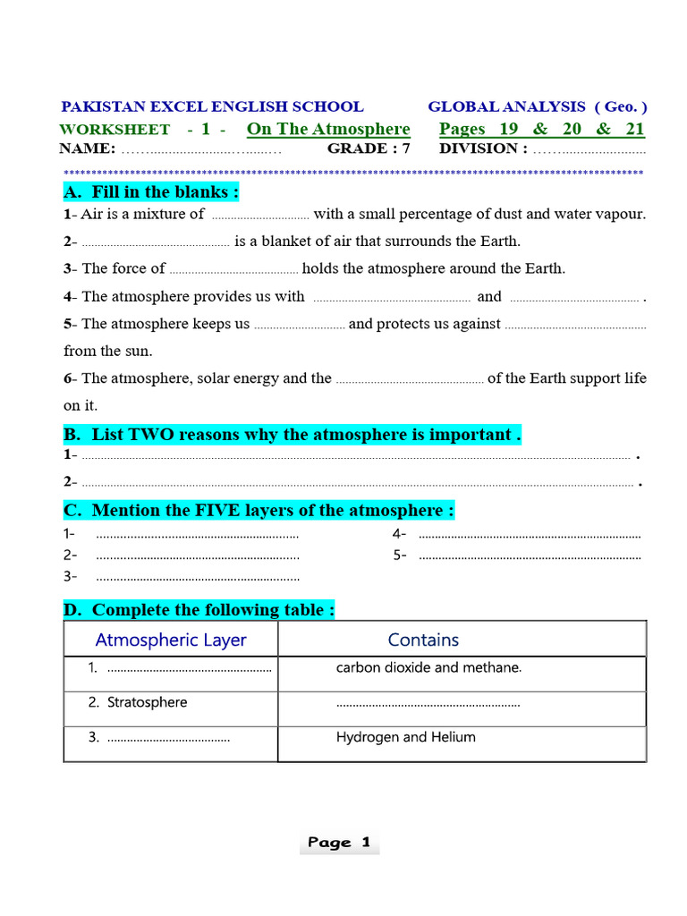 Grade 7 Atmosphere Worksheet | PDF | Atmosphere Of Earth | Atmosphere