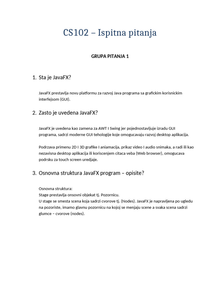 Cs102 - Ispitna Pitanja: 1. Sta Je Javafx? | PDF