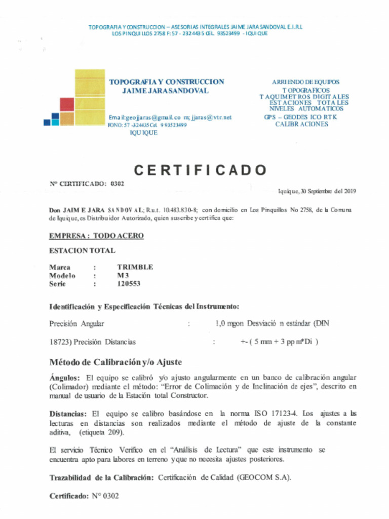 Certificado N° 0302 Trimble M3 | PDF