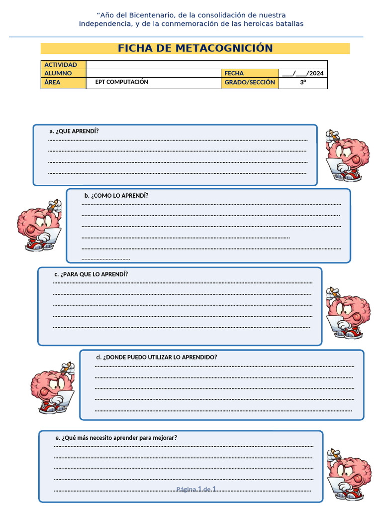 Ept Computación 3° - Ficha de Metacognición | PDF | Derecho