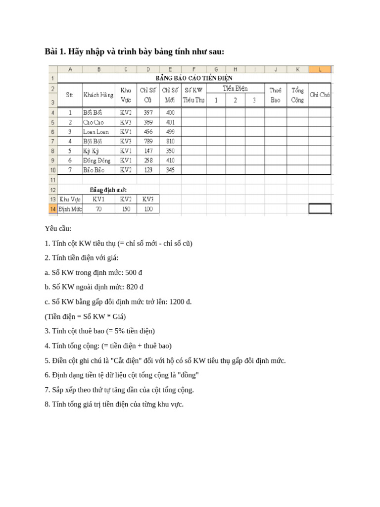 BT TH C Hành Excel 1 1 | PDF