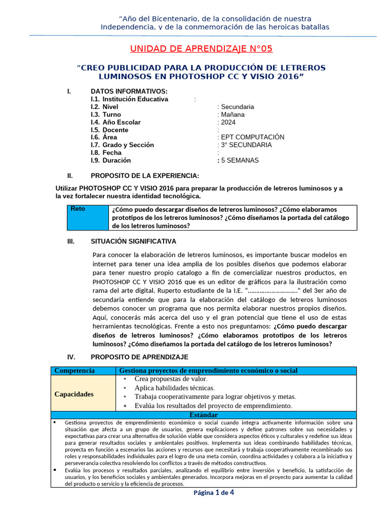 Ept Computación 3° - Unidad de Aprendizaje 05 | PDF | Iniciativa empresarial | Aprendizaje