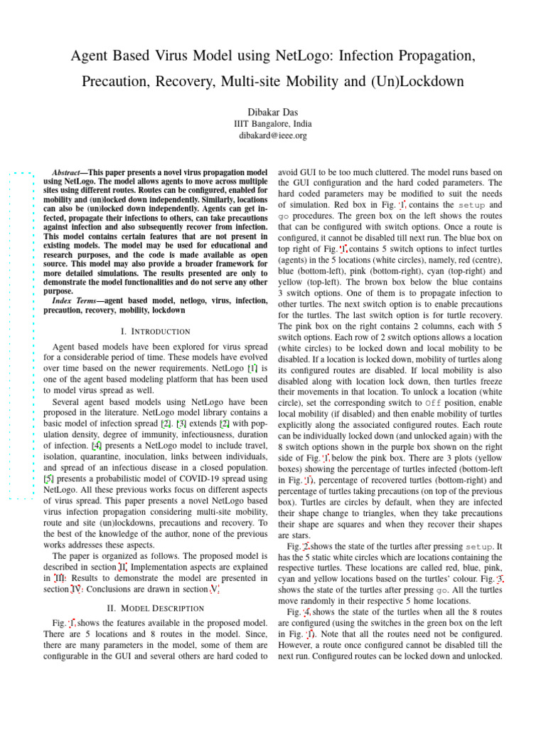 Agent Based Virus Model Using Netlogo: Infection Propagation, Precaution, Recovery, Multi-Site ...