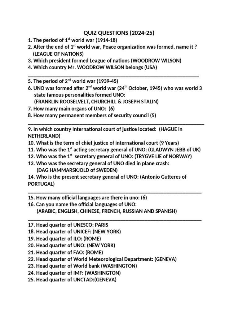 Uno - 24-10-1945 Quiz Questions (2023-24) | PDF | United Nations ...