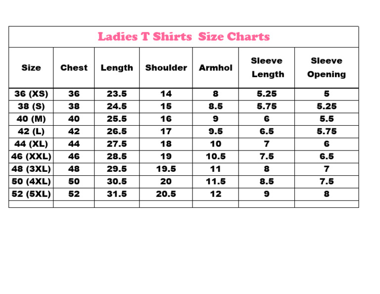 Ladies T Shirts Size Charts | PDF