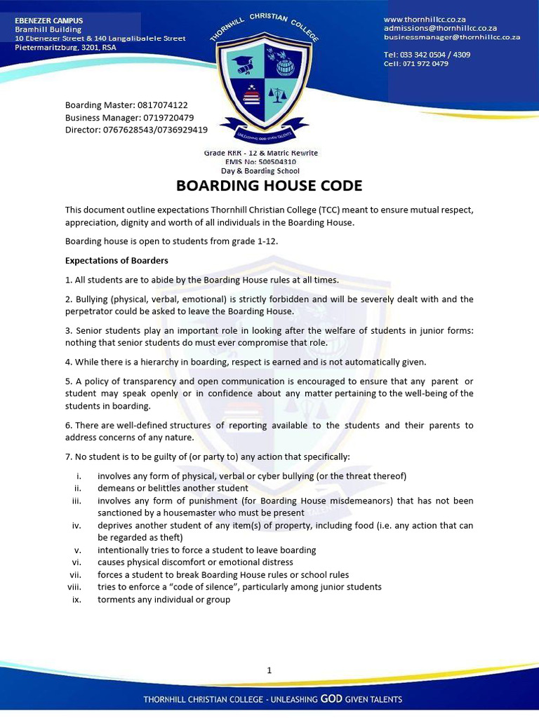 TCC Boarding House Code of Conduct | PDF | Boarding School