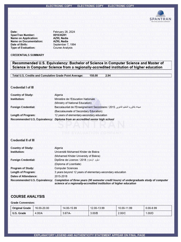 001630281-Evlrpt - Nadia Azri - SpanTran | PDF | Course Credit | Computing