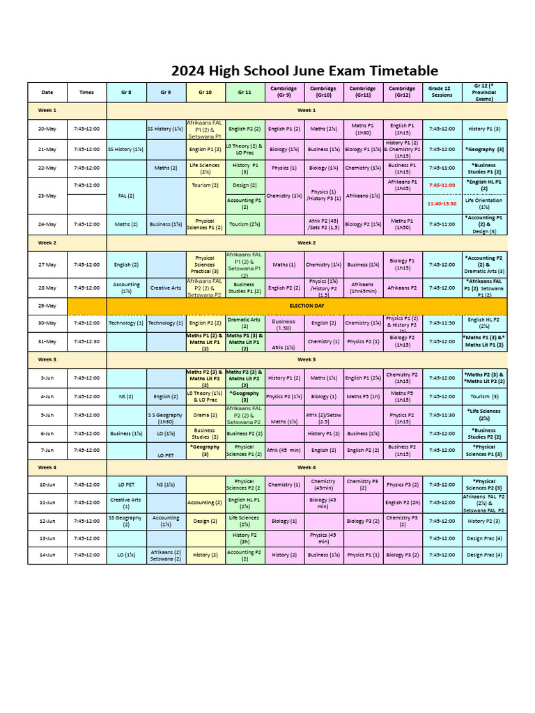 2024 High School June Exam Timetable .XLSX - Sheet1 | PDF | Science