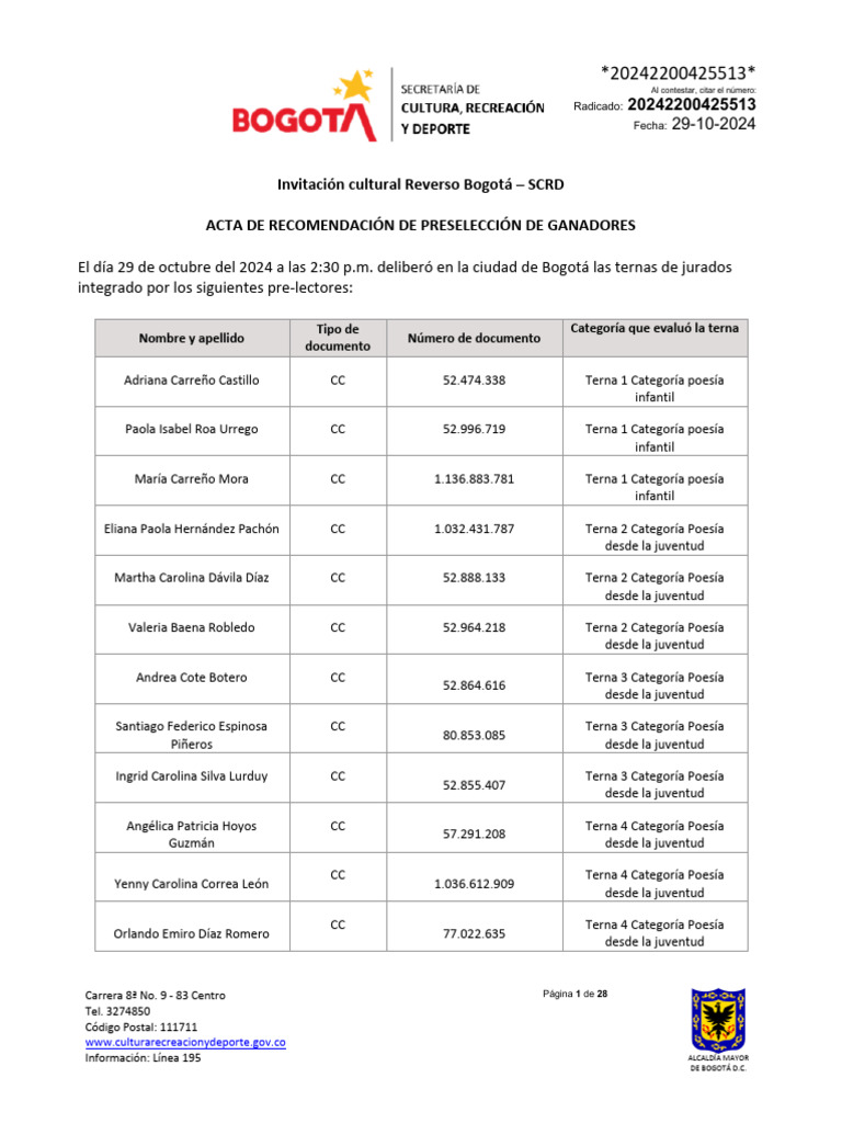 Invitación Cultural Reverso Bogotá - SCRD Acta de Recomendación de Preselección de Ganadores | PDF