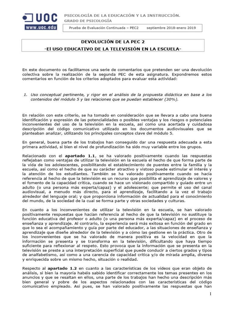 PEI 2018-19 1sem PEC2 Devolucion | PDF | Aprendizaje | Maestros