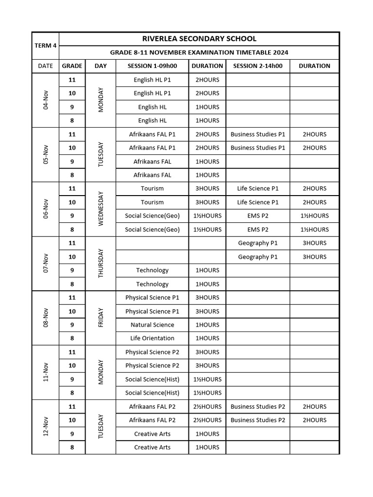 Grade 8-11 Final Exam Timetable | PDF | Science