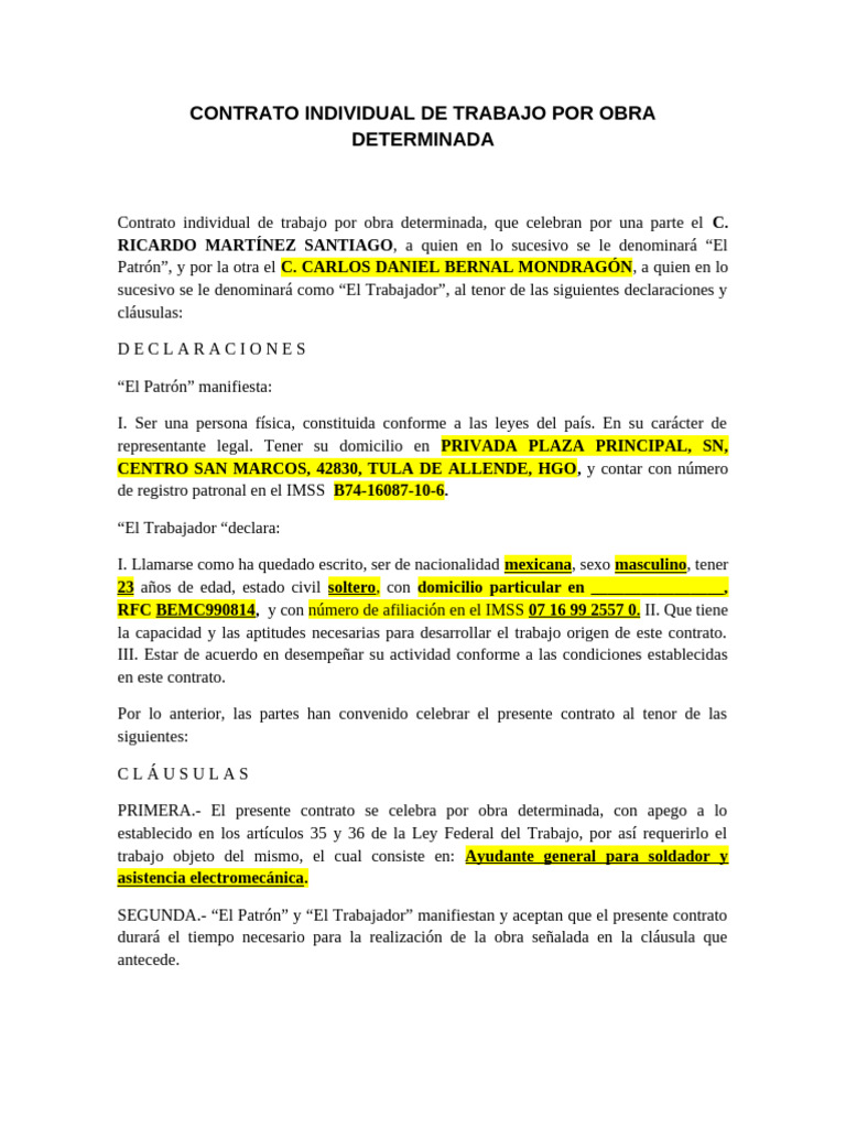 Contrato Individual de Trabajo Por Obra Determinada | PDF | Salario