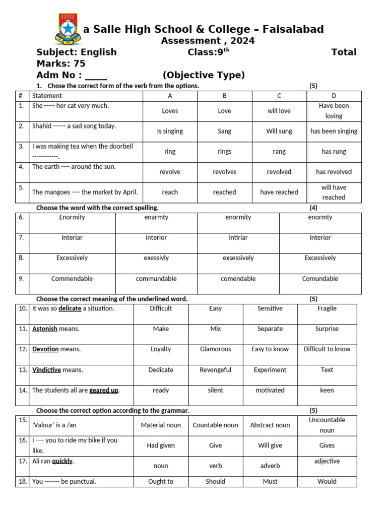 English Assessment for Class 9 | PDF | Verb | Noun
