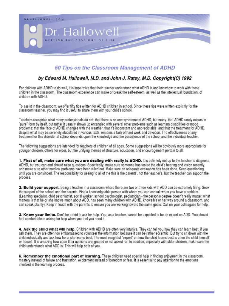50 Tips on the Classroom Management of ADHD | PDF | Attention Deficit ...