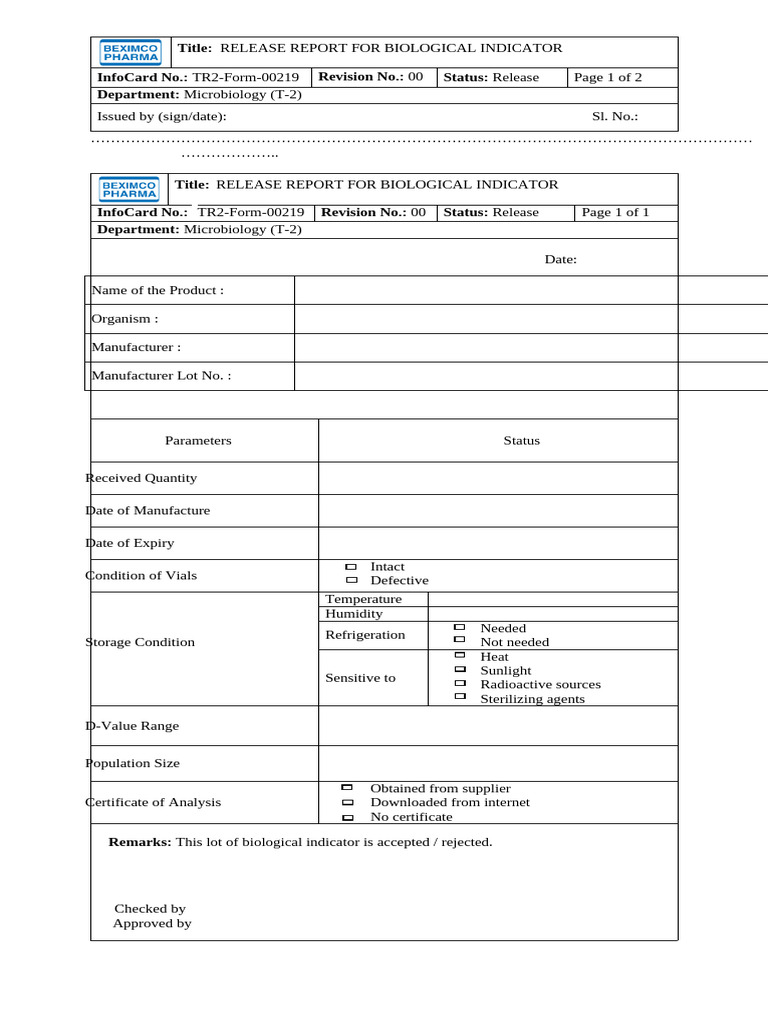 Release Report For Biological Indicator | PDF