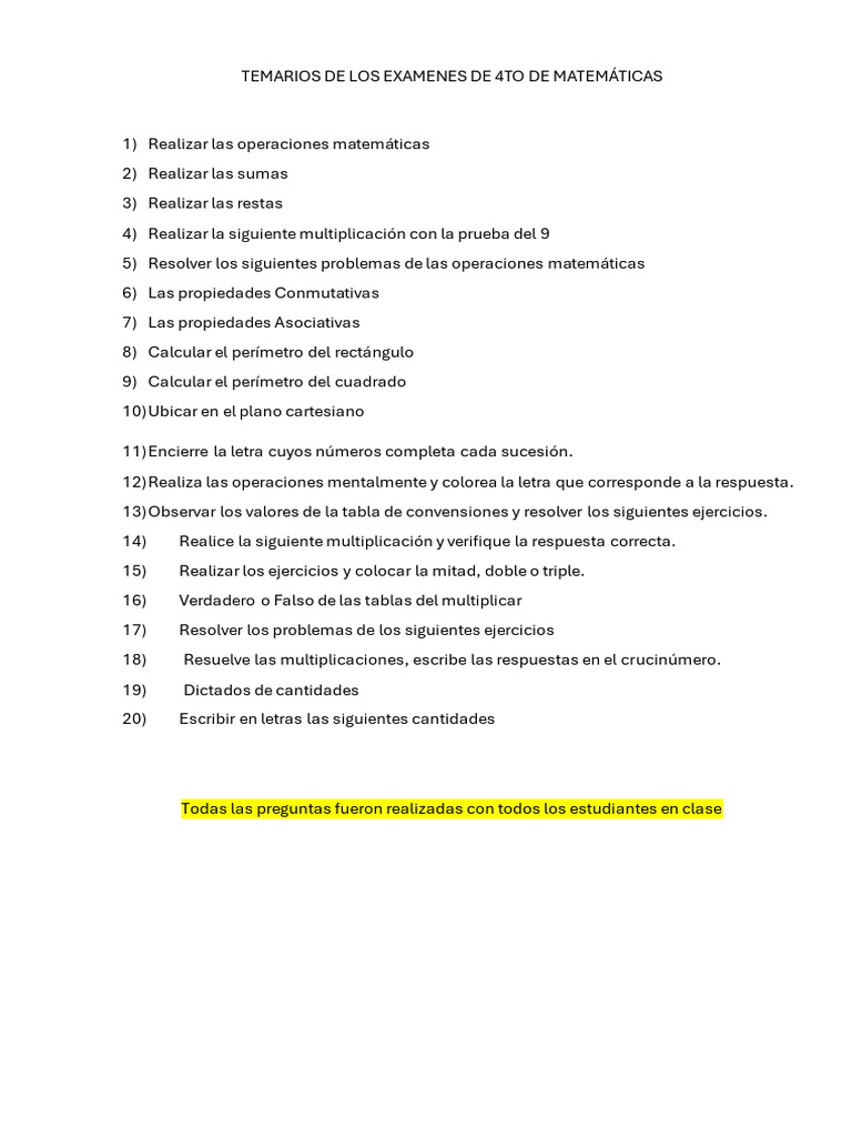 Temarios de Los Examenes de 4to de Matemã - Ticas | PDF