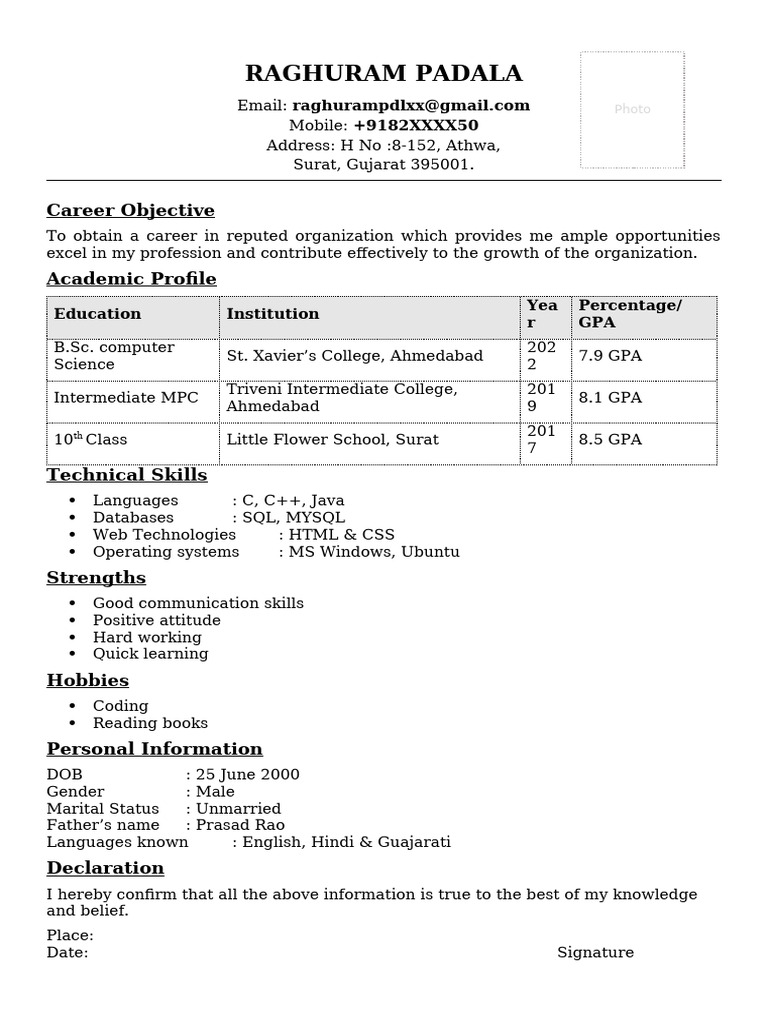 B.Sc. Computer Science Fresher Resume | PDF