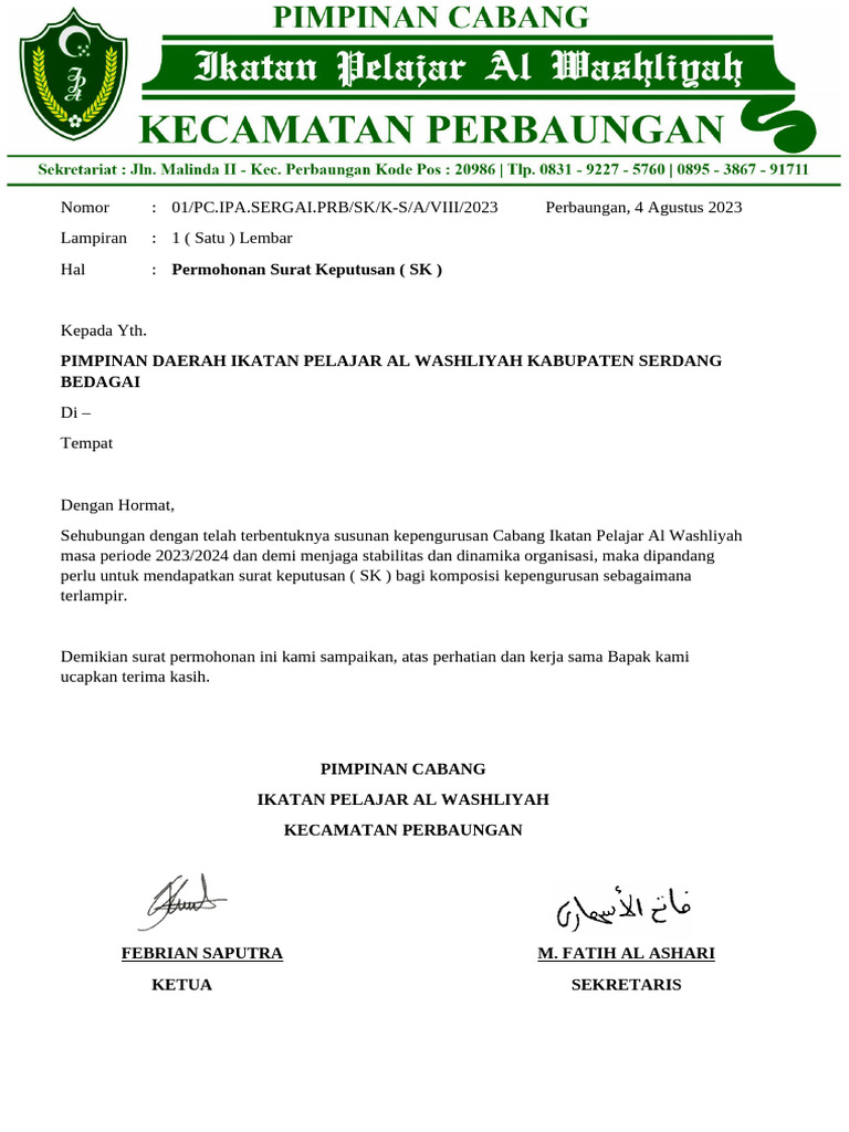 SK Pengurus IPA Al Washliyah 2023 | PDF