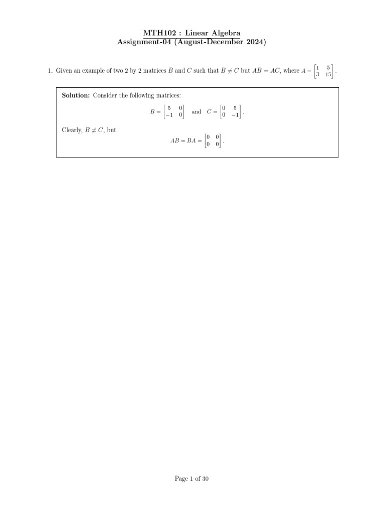 MTH102: Linear Algebra Assignment-04 (August-December 2024) | PDF ...