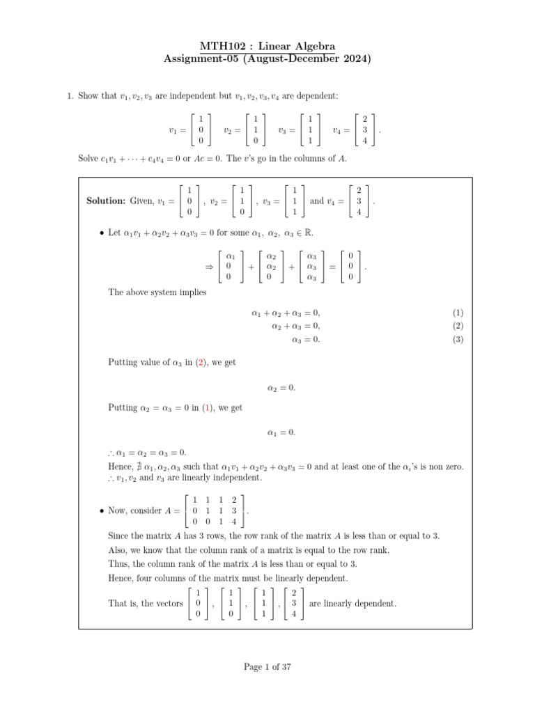 MTH102: Linear Algebra Assignment-05 (August-December 2024) | PDF | Mathematical Concepts ...