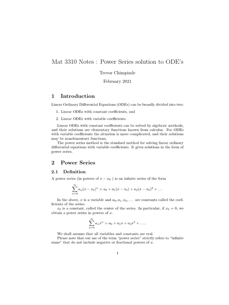 Power Series Solutions for ODEs | PDF | Ordinary Differential Equation | Power Series