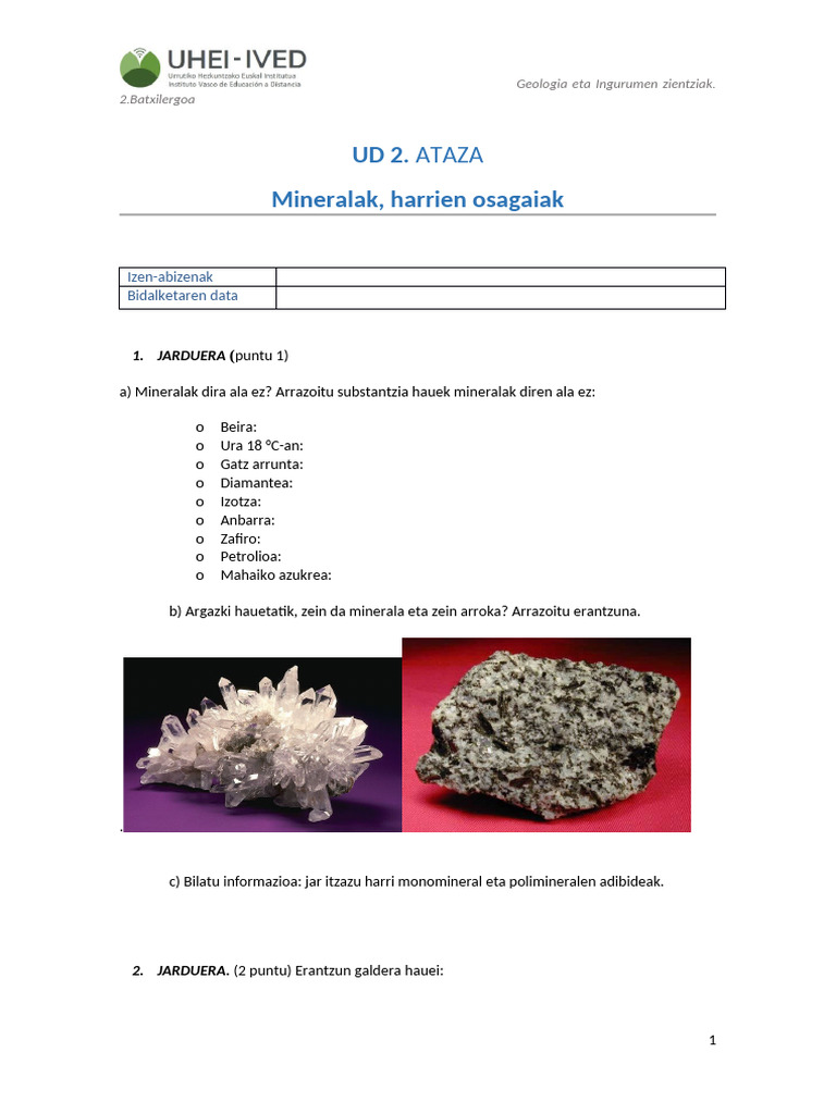 UD2. ATAZA Mineralak 2batx | PDF