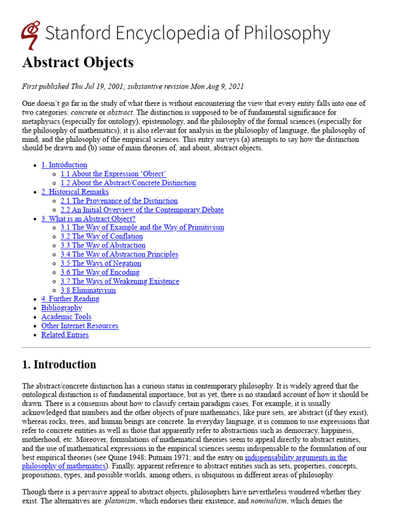 Abstract Objects (Stanford Encyclopedia of Philosophy) | PDF ...