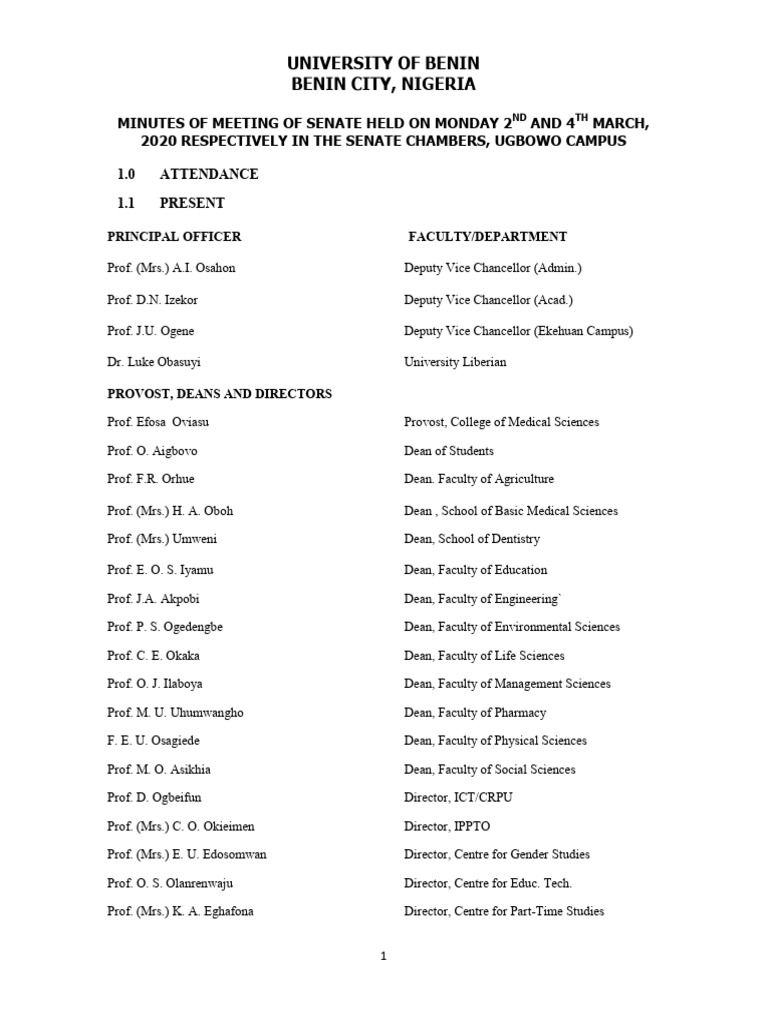 University of Benin Senate Meeting Minutes | PDF | Oral And ...