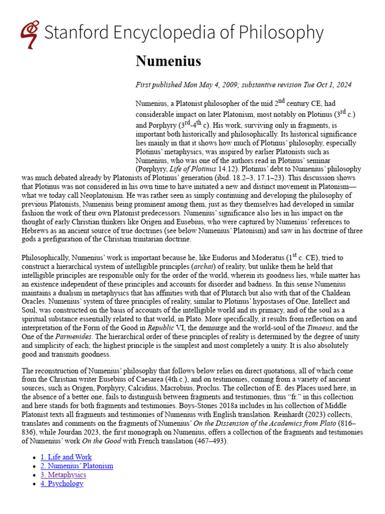 Numenius (Stanford Encyclopedia of Philosophy) | PDF | Platonism ...