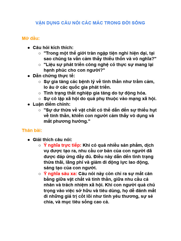 VẬN DỤNG CÂU NÓI CÁC MÁC TRONG ĐỜI SỐNG | PDF