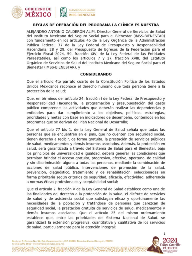 Reglas De Operación Del Programa La Clínica Es Nuestra Para El