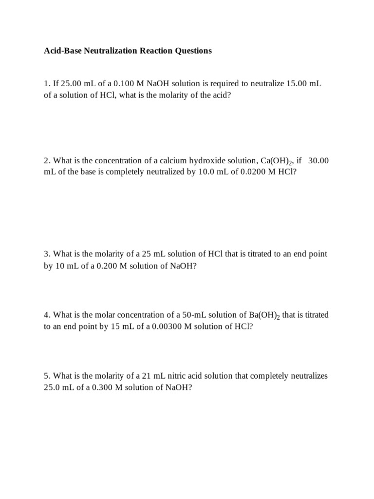 Acid Base Neutralization Questions | PDF