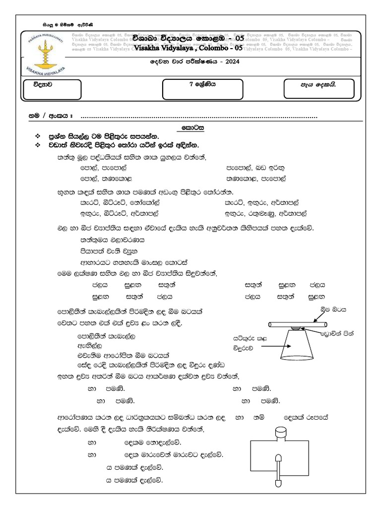 Grade 7 Science Test Paper 2024 | PDF
