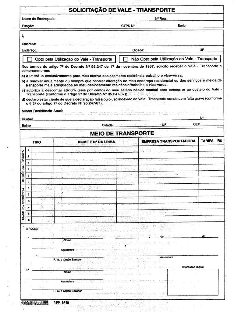 Solicitação de Vale Transporte - Modelo | PDF