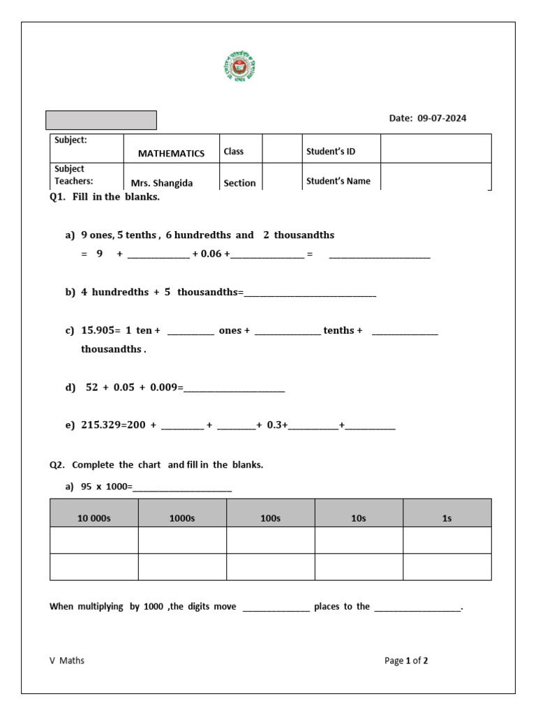 Class 5 - Math Worksheet - 1st Semester | PDF | Science & Mathematics