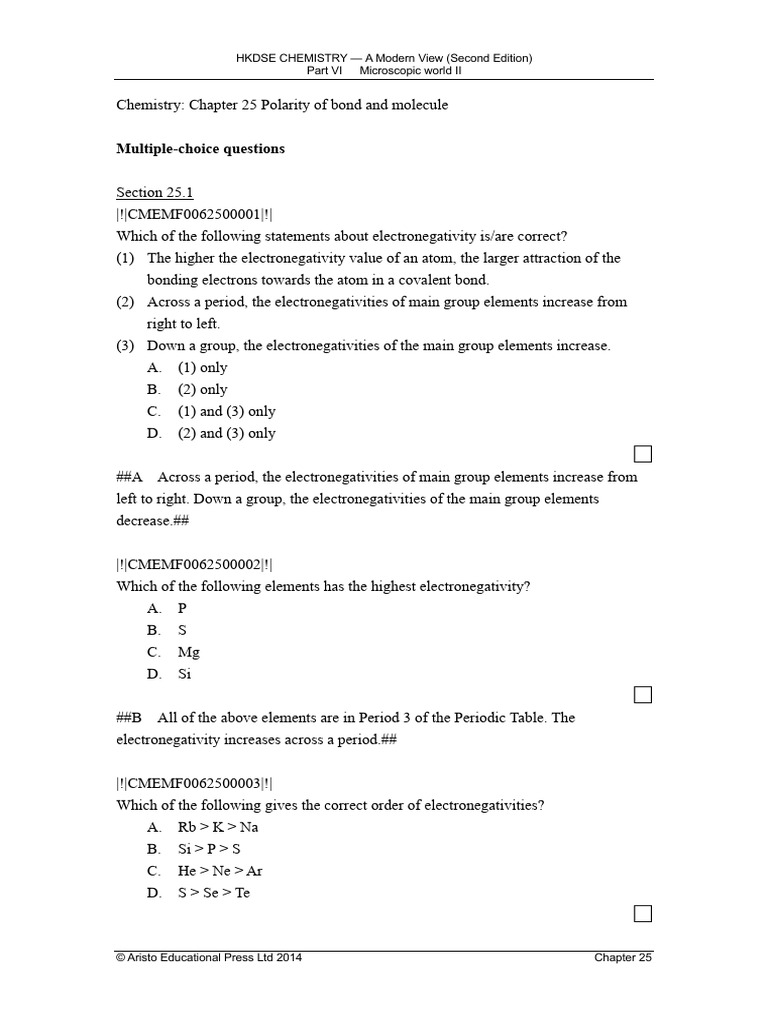 Chapter 25 Multiple-choice Questions | PDF | Chemical Polarity ...